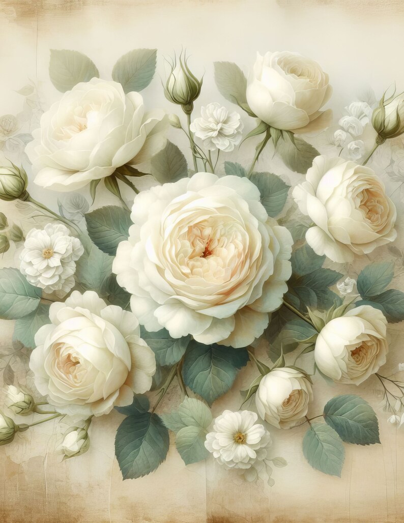 Vintage White Roses Clipart Bundle 10 High Res Watercolor Jpgs for Junk ...