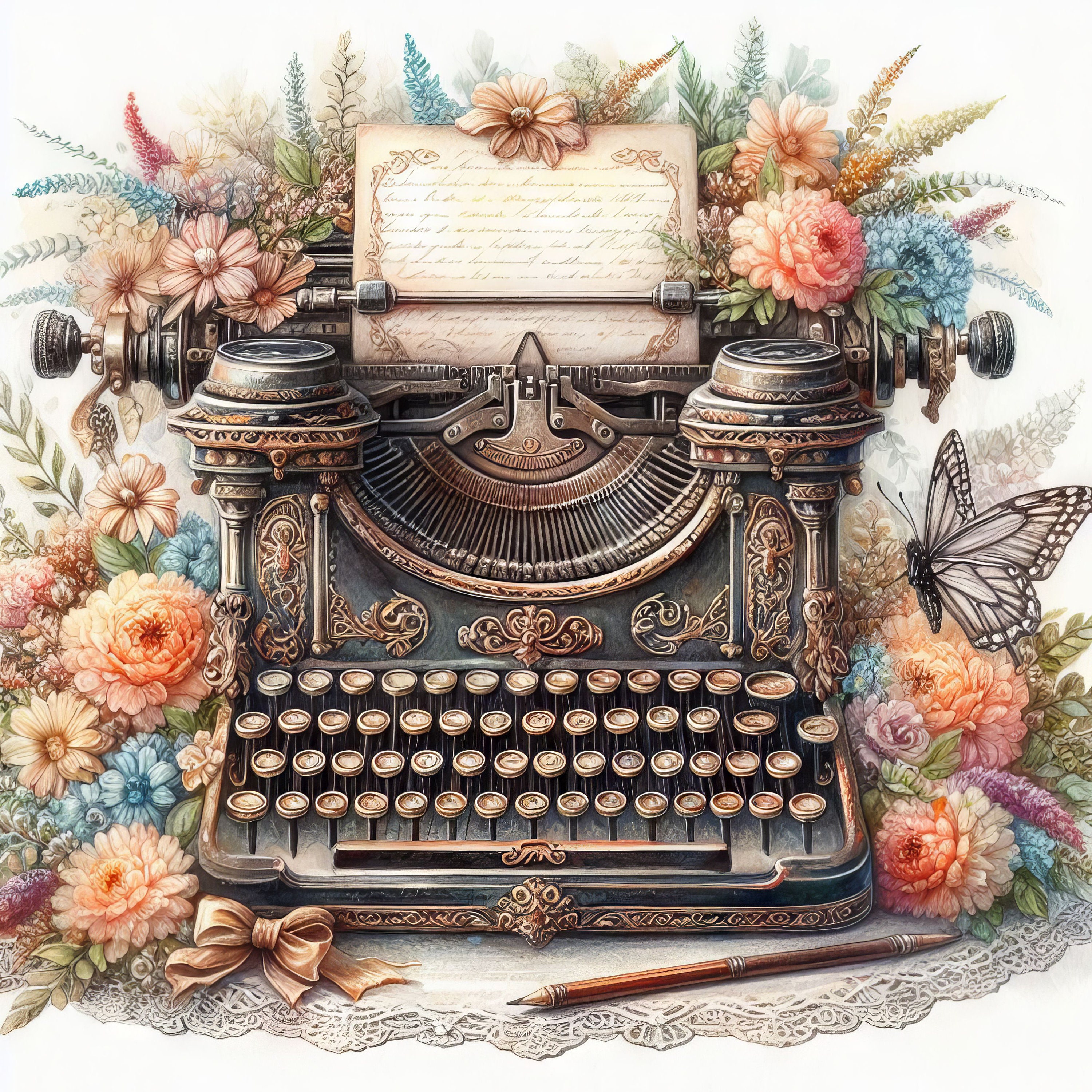 Victorian Typewriter: Clip Art, 10 High Res Watercolor Jpgs, Junk ...