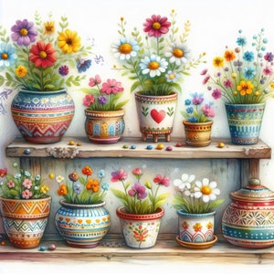 Whimsical Flowers in Pots Art Bundle 10 High Res Watercolor Jpgs for ...