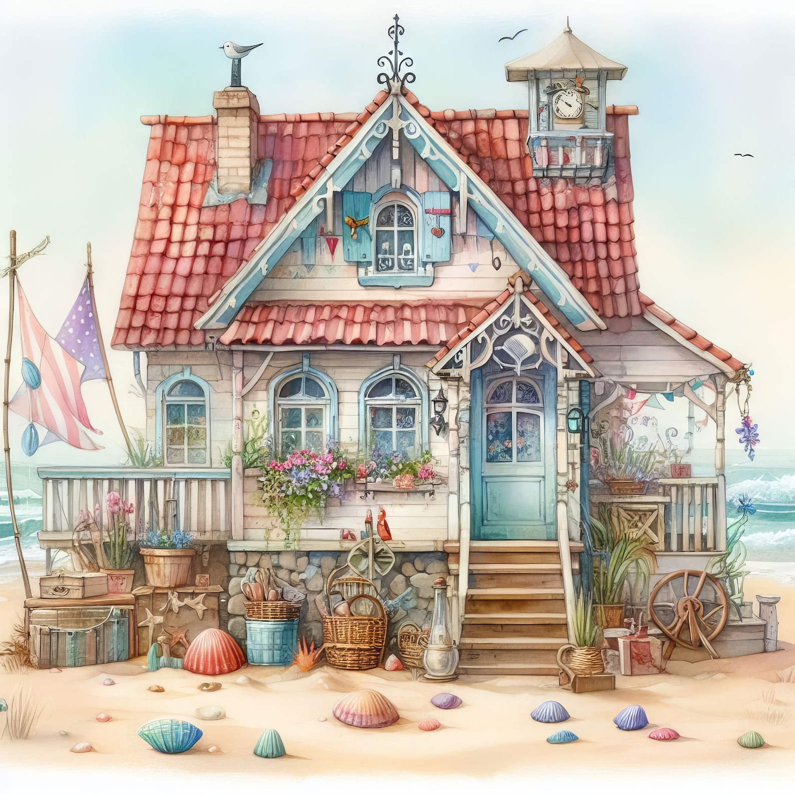 Whimsical Beach House Clip Art Kit 10 High Res Watercolor Jpgs for Junk ...