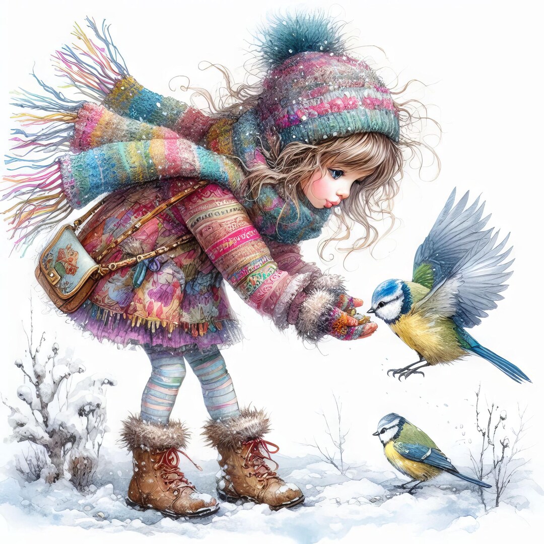 Feeding Birds in Snow Clip: Art 10 High Res Watercolor Jpgs for ...