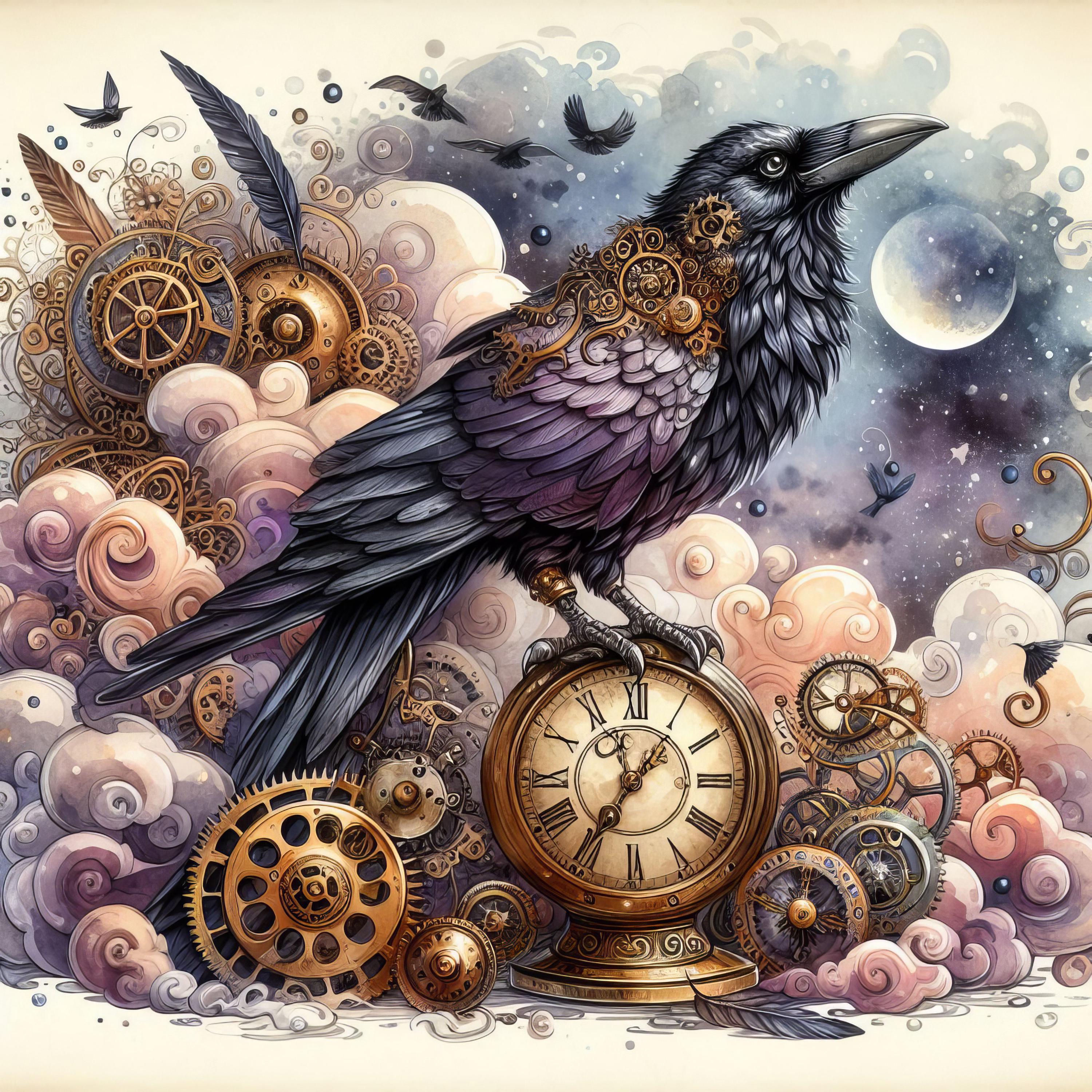 Steampunk Raven: 10 High Res Watercolor Jpgs, Junk Journaling, Card ...