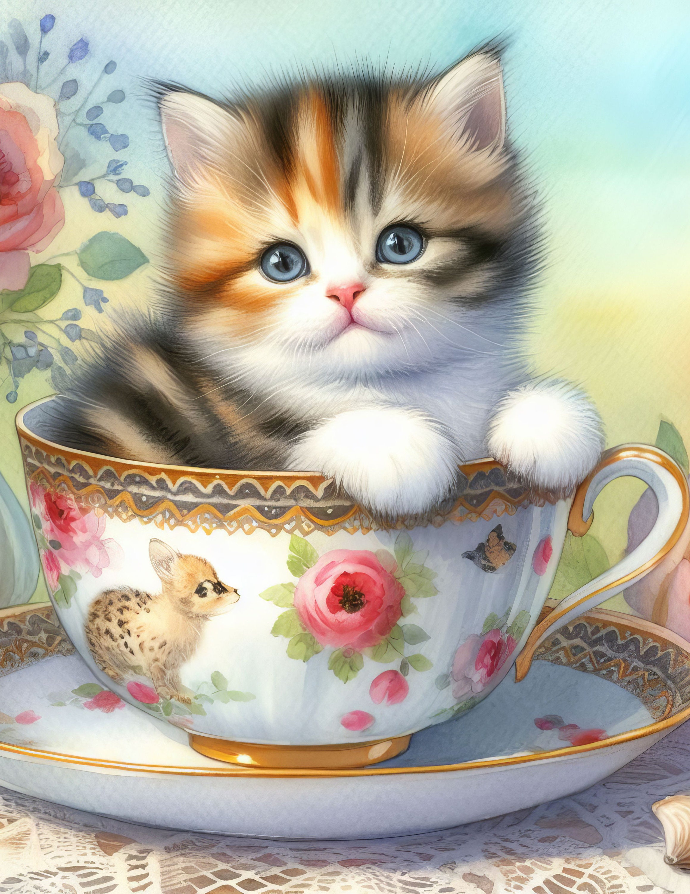 Kitten in Teacup Clipart Bundle 10 High Res Watercolor Jpgs for Junk ...