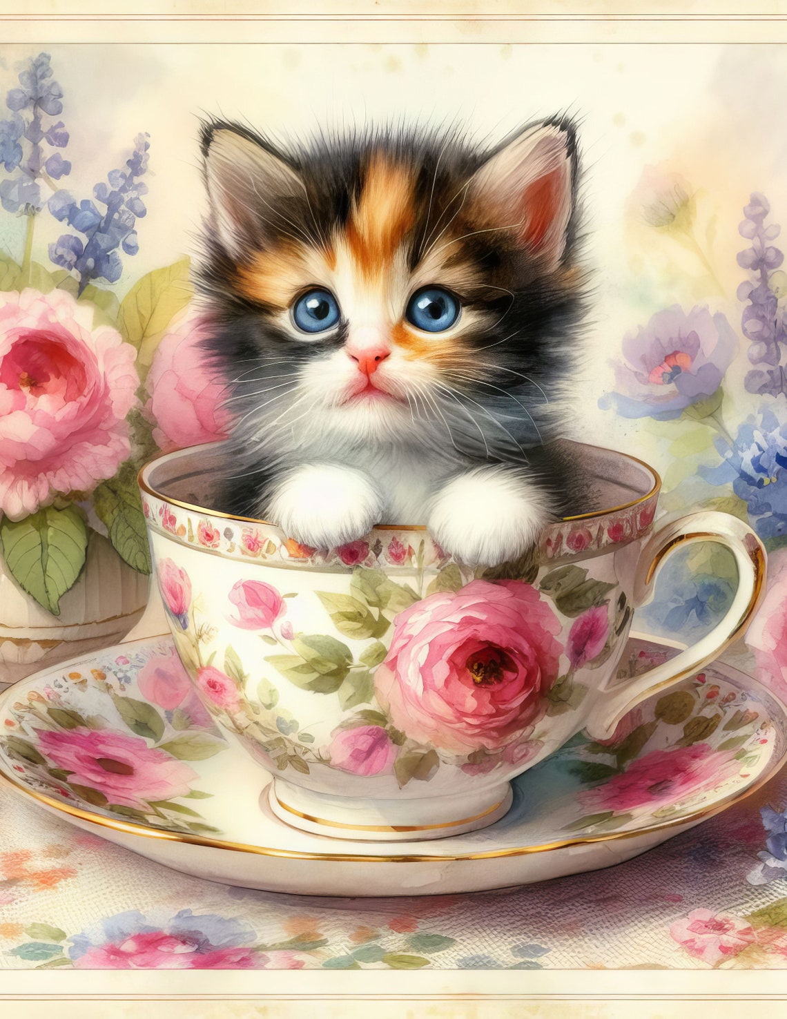 Kitten in Teacup Clipart Bundle 10 High Res Watercolor Jpgs for Junk ...