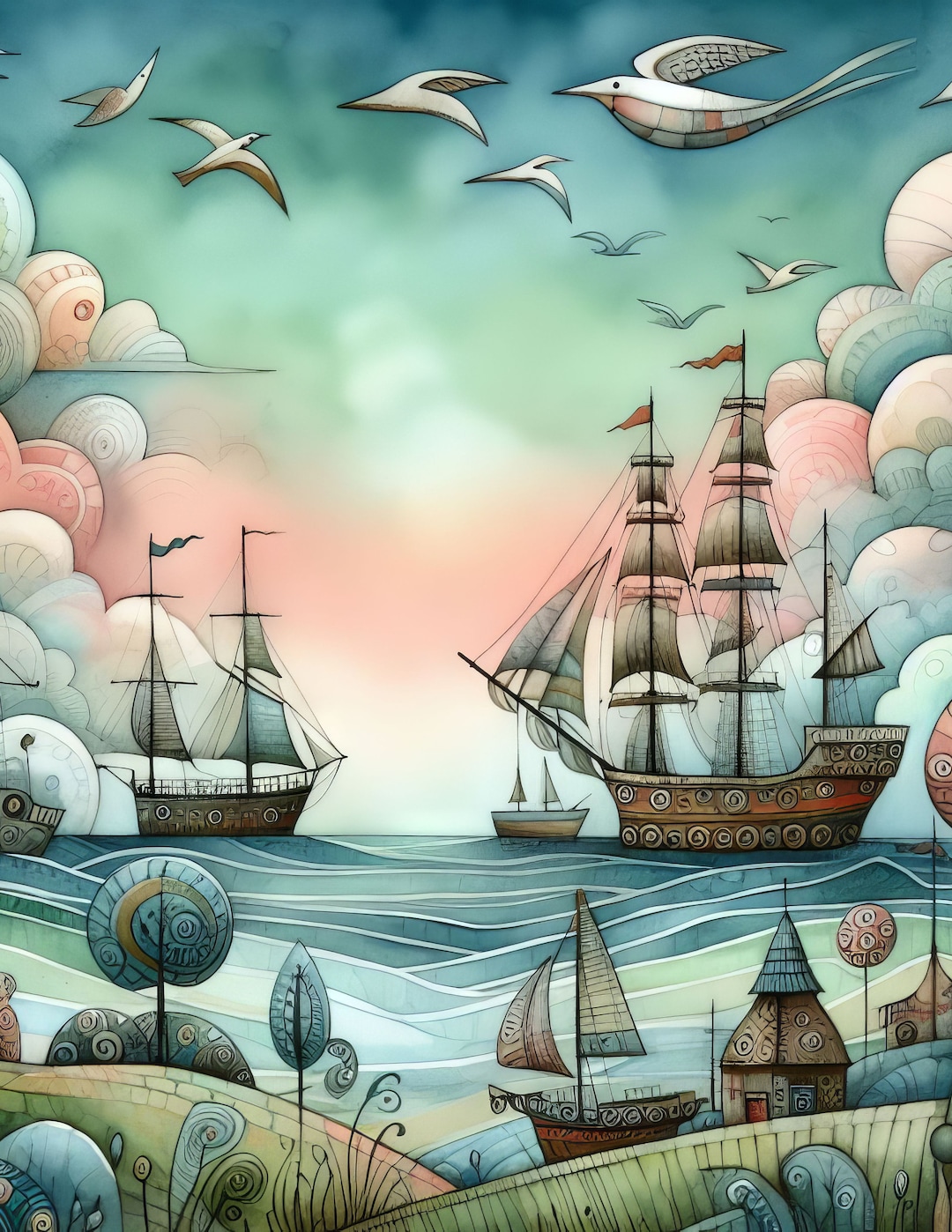 Whimsical Seascape 10 High Res Watercolor Jpgs for Junk Journaling ...