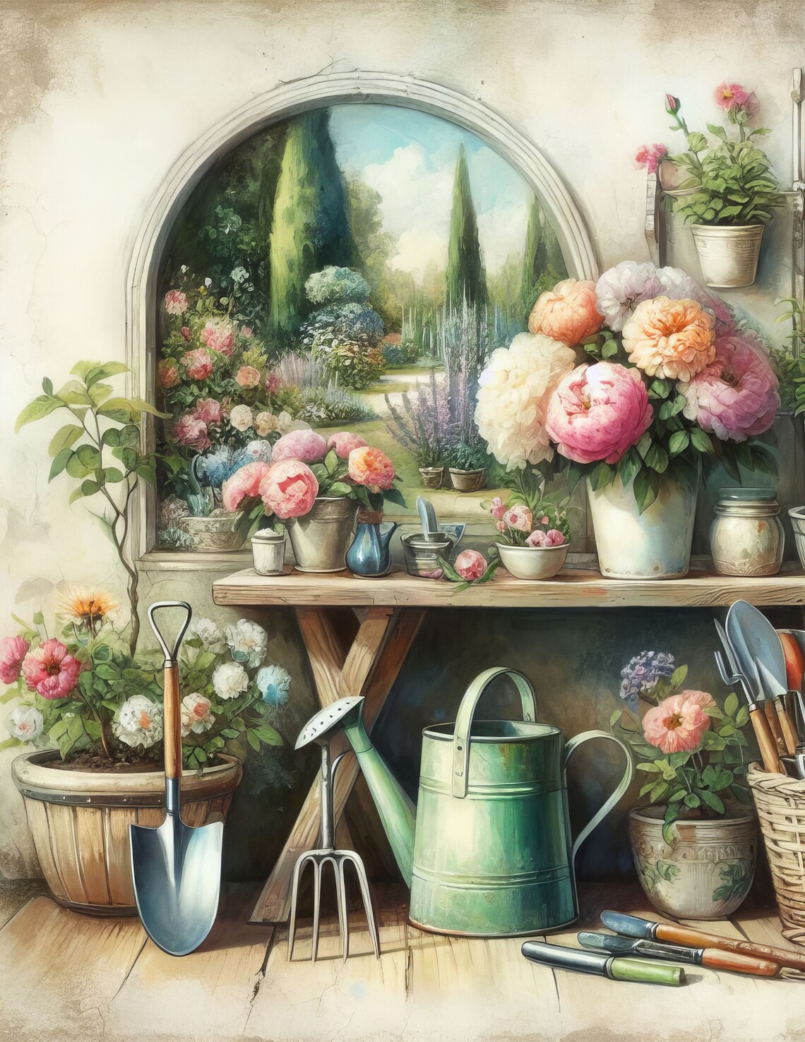 Shabby Chic Gardening Table Clipart Bundle 10 High Res Watercolor Jpgs ...