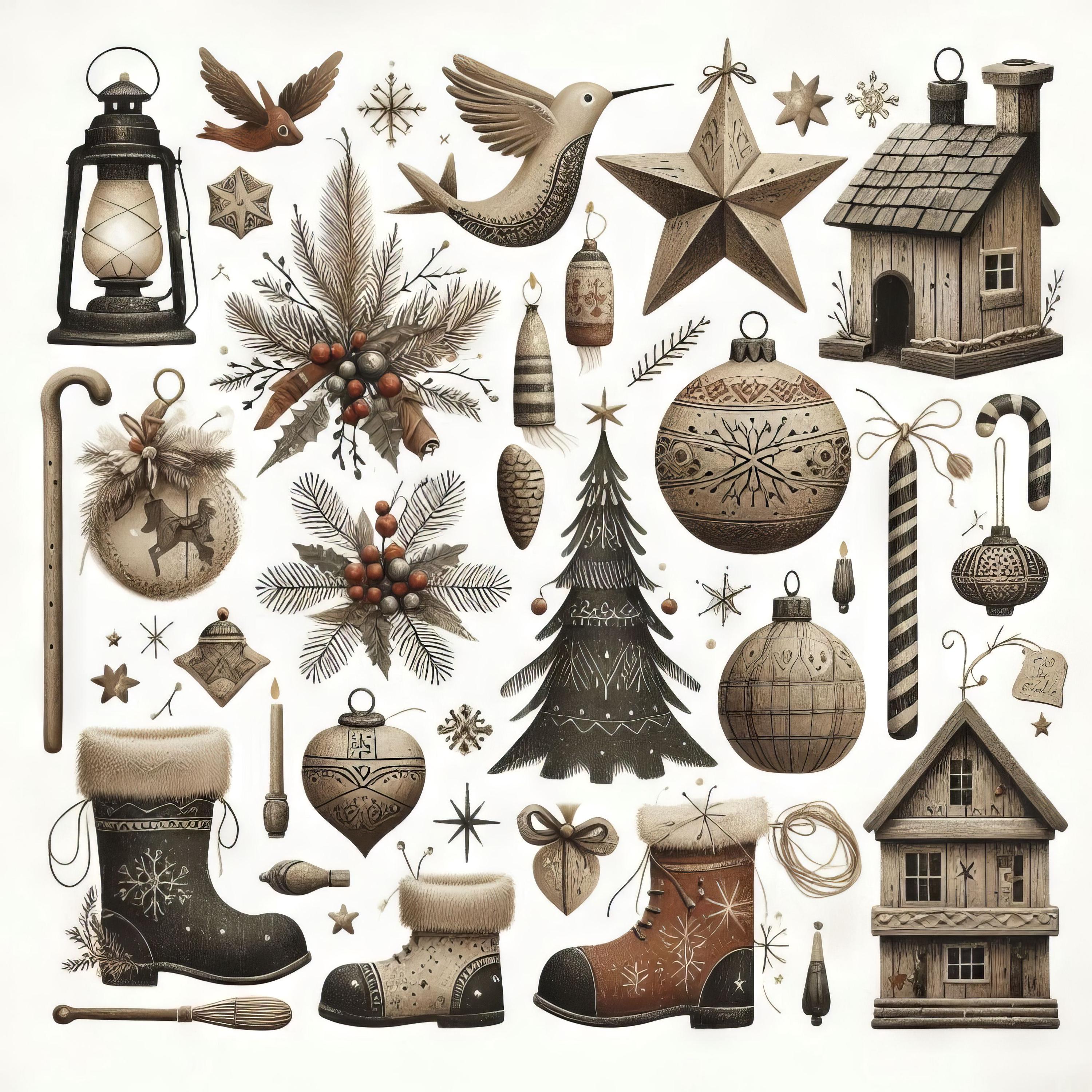 100+ Fussy Cut Primitive Christmas Images: High Res Watercolor Jpgs ...