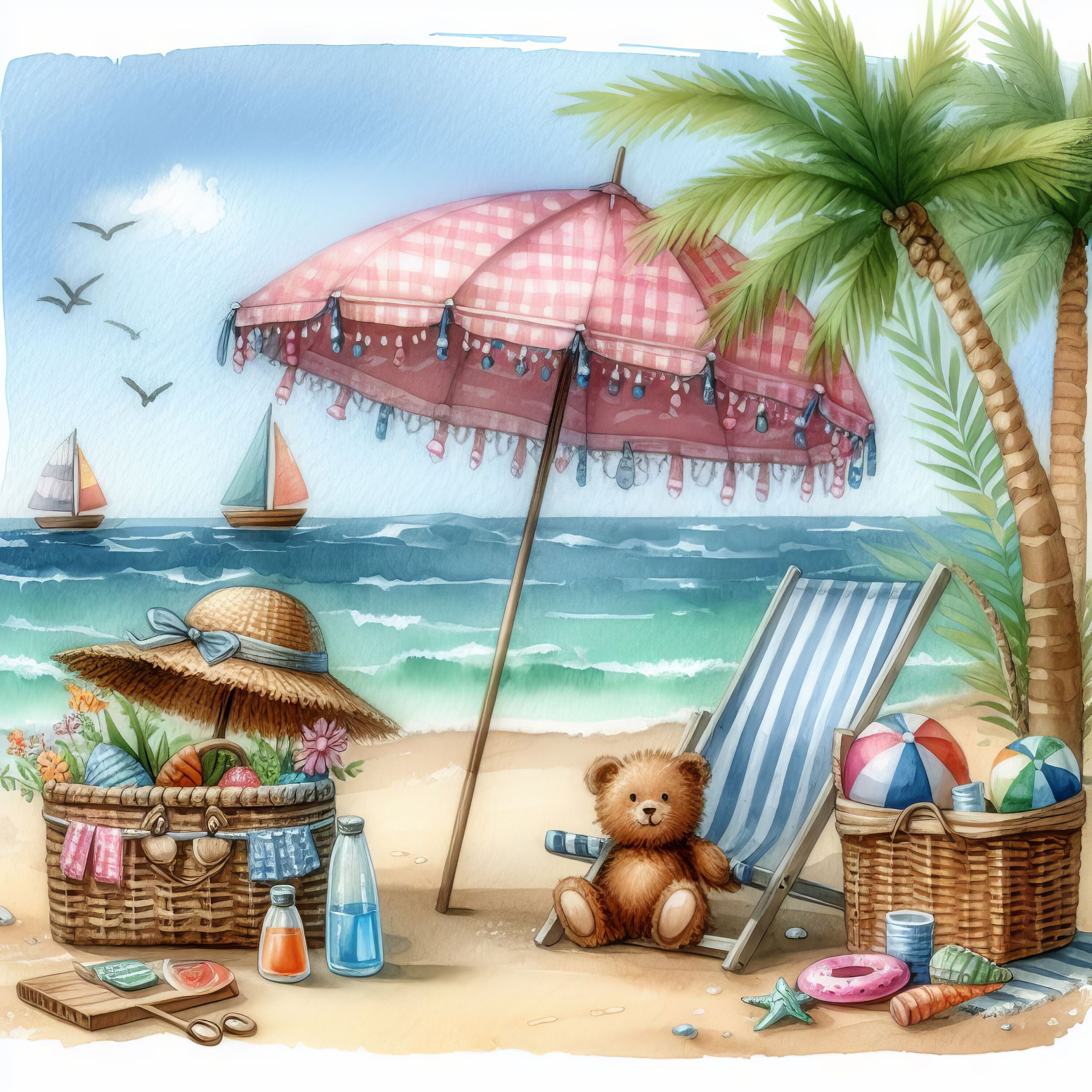 Whimsical Beach Vacation Clip Art 10 High Res Watercolor Jpgs for Junk ...