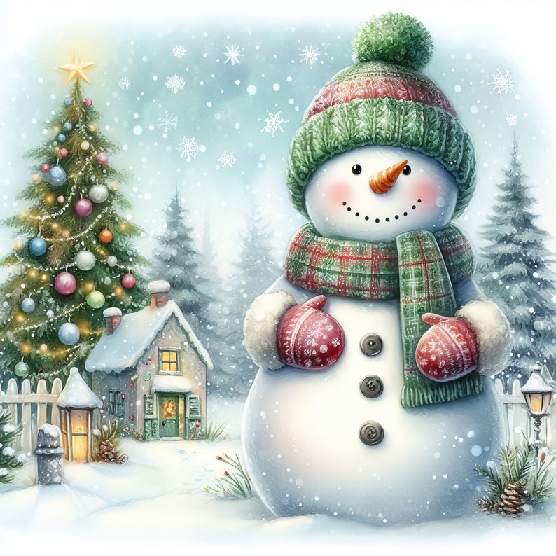 Snowman in Green With Christmas Tree: Clip Art, 10 High Res Watercolor ...