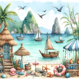 Whimsical Beach Vacation Clip Art 10 High Res Watercolor Jpgs for Junk ...