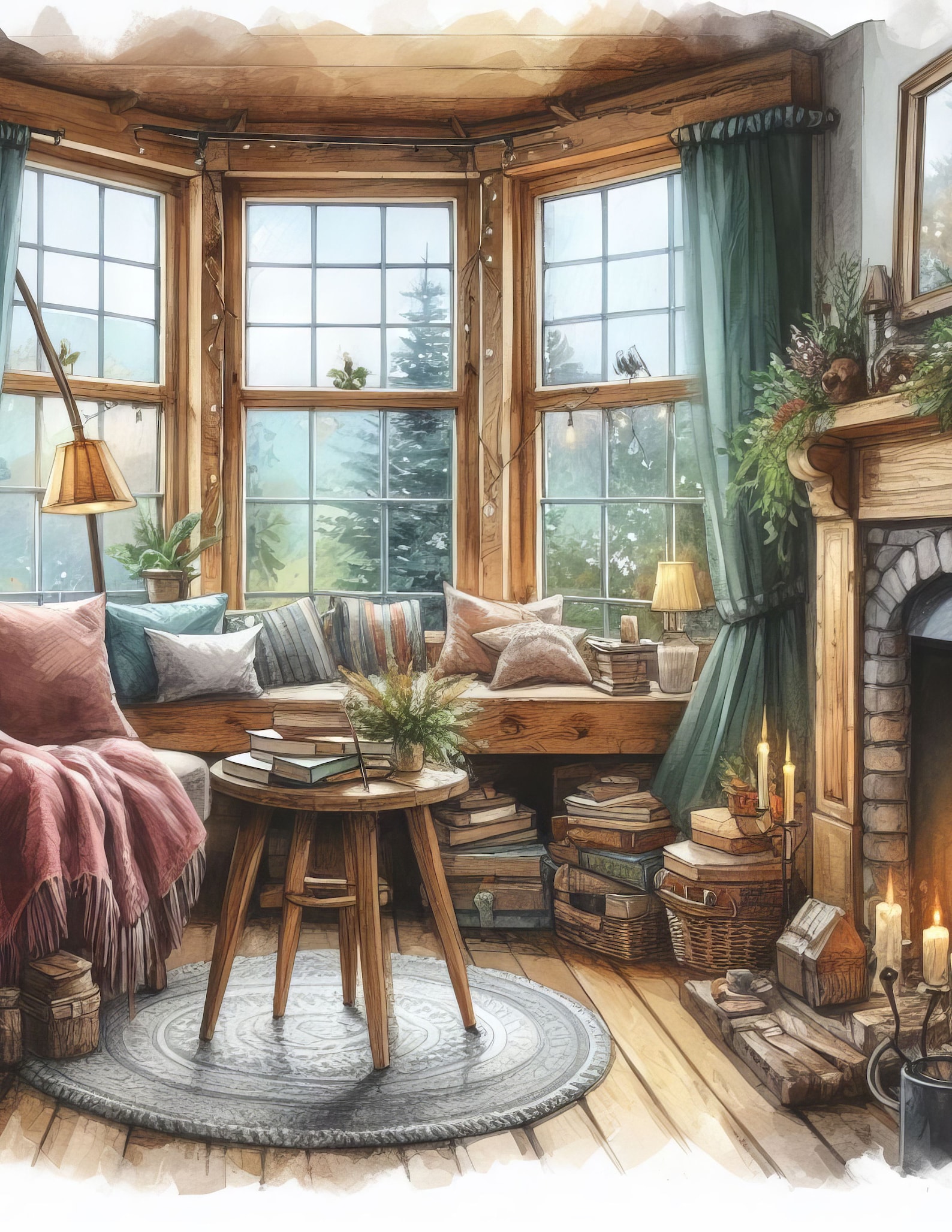Bay Window Reading Nook: Clipart Bundle 10 High Res Watercolor Jpgs for ...
