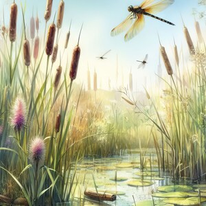 Cattails and Dragonflies Clip Art Kit 10 High Res Watercolor Jpgs for ...