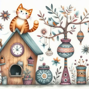 Whimsical Cats Clip Art 10 High Res Watercolor Jpgs for Junk Journaling ...