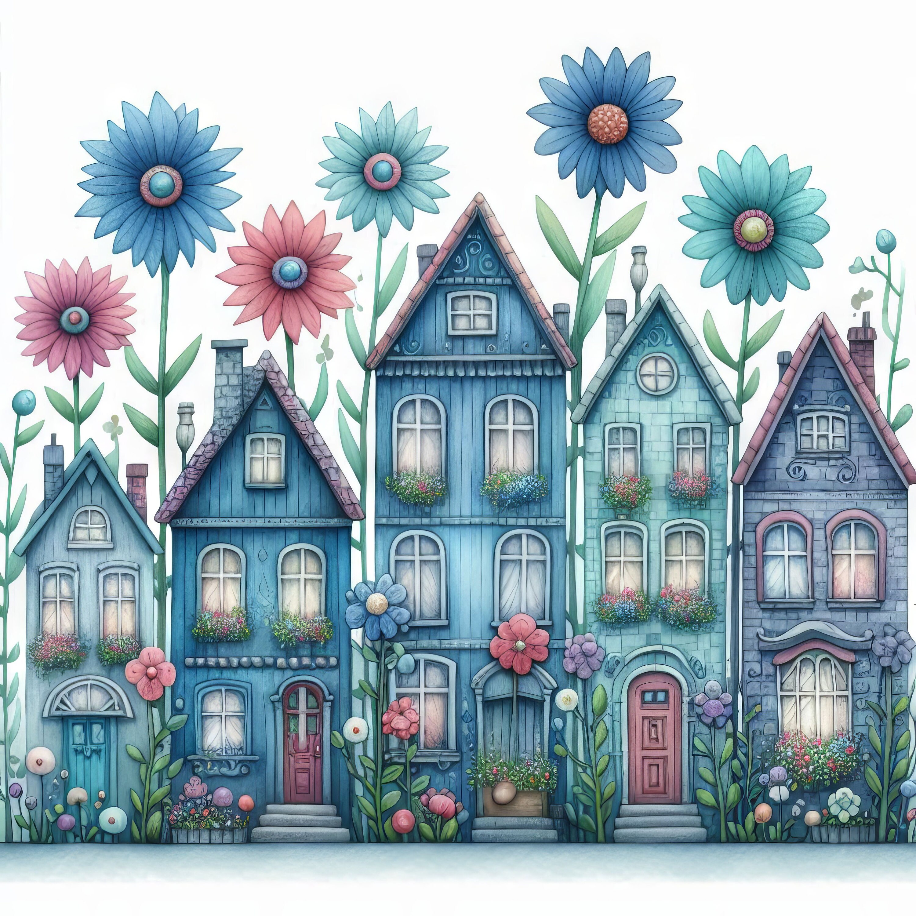 Blue Tall Houses: Clip Art, 10 High Res Watercolor Jpgs, Junk ...