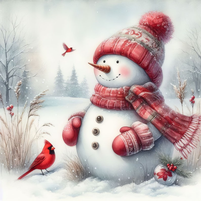 Snowman in Red With Cardinal Clip Art Bundle 10 High Res Watercolor ...