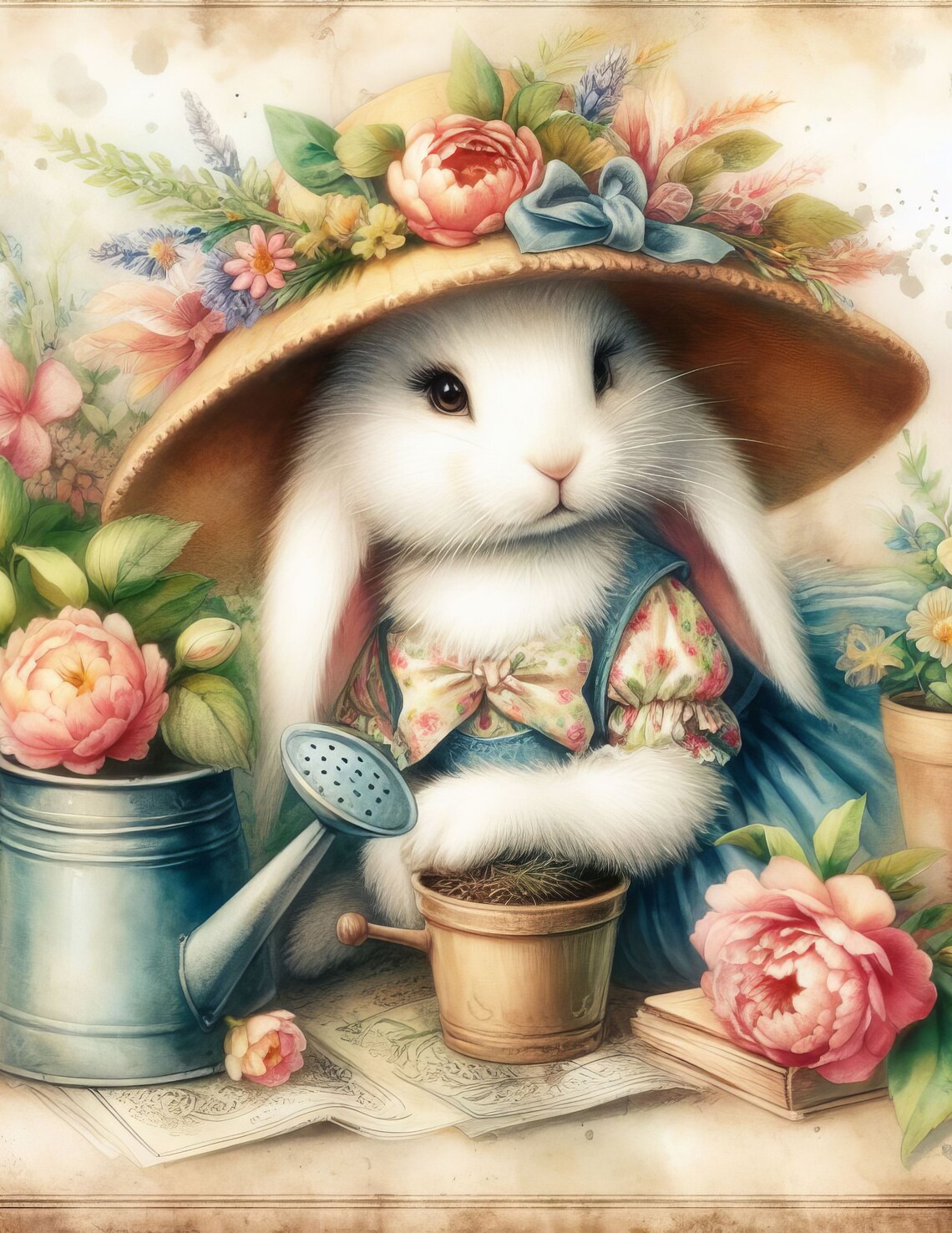 Gardening Bunnies 10 High Res Watercolor Jpgs for Junk Journaling ...