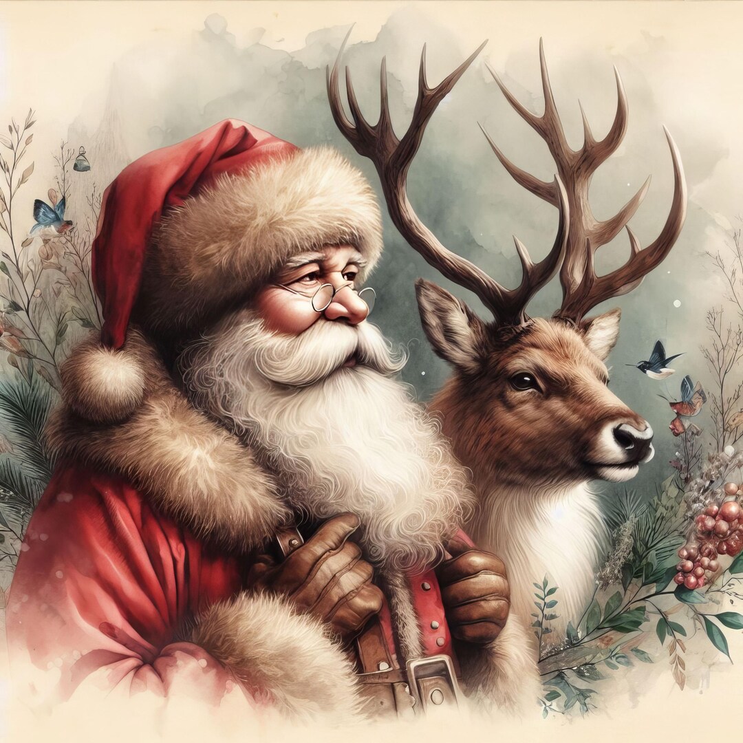 Vintage Santa With Reindeer Clip Art 10 High Res Watercolor Jpgs for ...