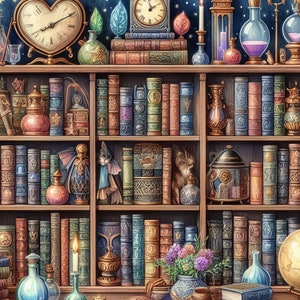 Magical Bookcase 10 High Res Watercolor Jpgs for Junk Journaling, Scrapbook, Crafts, Digital ...