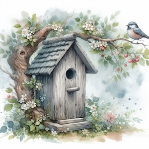 Gray Birdhouse: 10 High Res Watercolor Jpgs for Junk Journaling ...