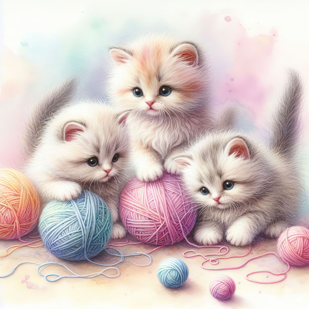 Kittens With Yarn Clip Art 10 High Res Watercolor Jpgs for Junk ...