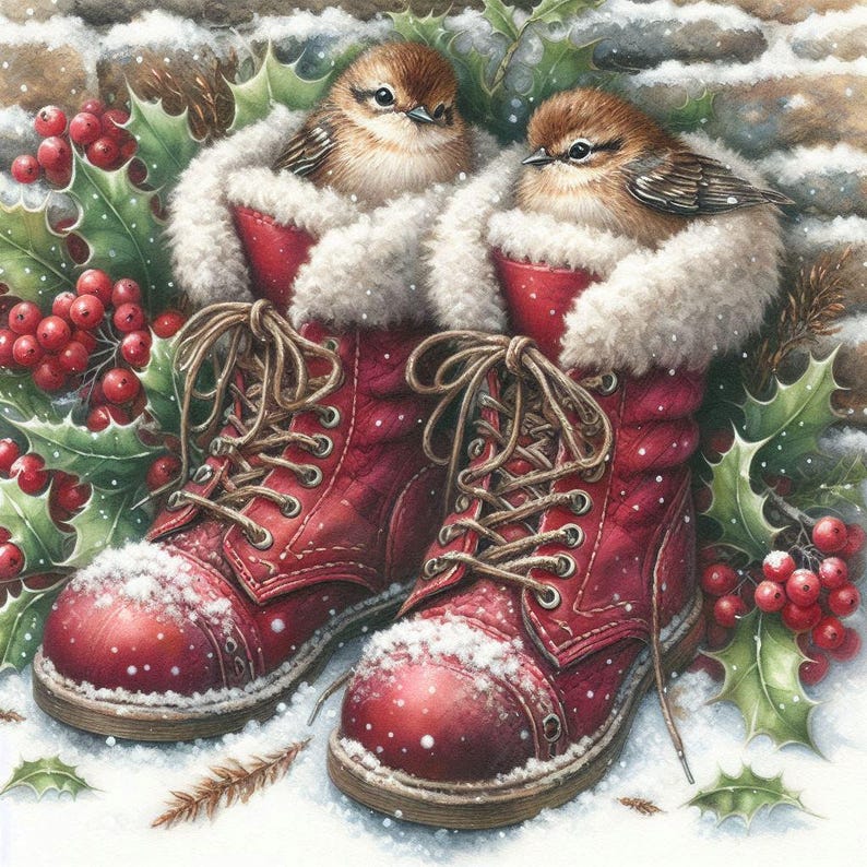 Santa Boots and Birds: Watercolor Clipart, Holiday, Journal Images ...