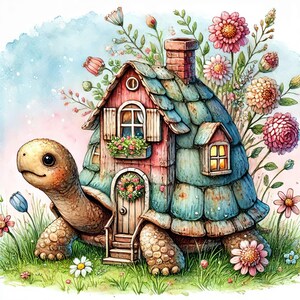 Whimsical Turtle House: 10 High Res Watercolor Jpgs, Junk Journaling ...
