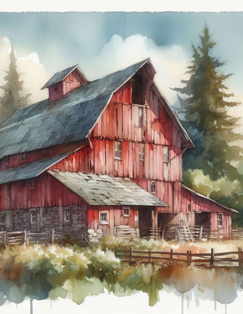 Old Red Barn Clipart Bundle 10 High Res Watercolor Jpgs for Junk Journaling, Scrapbooking, Paper ...