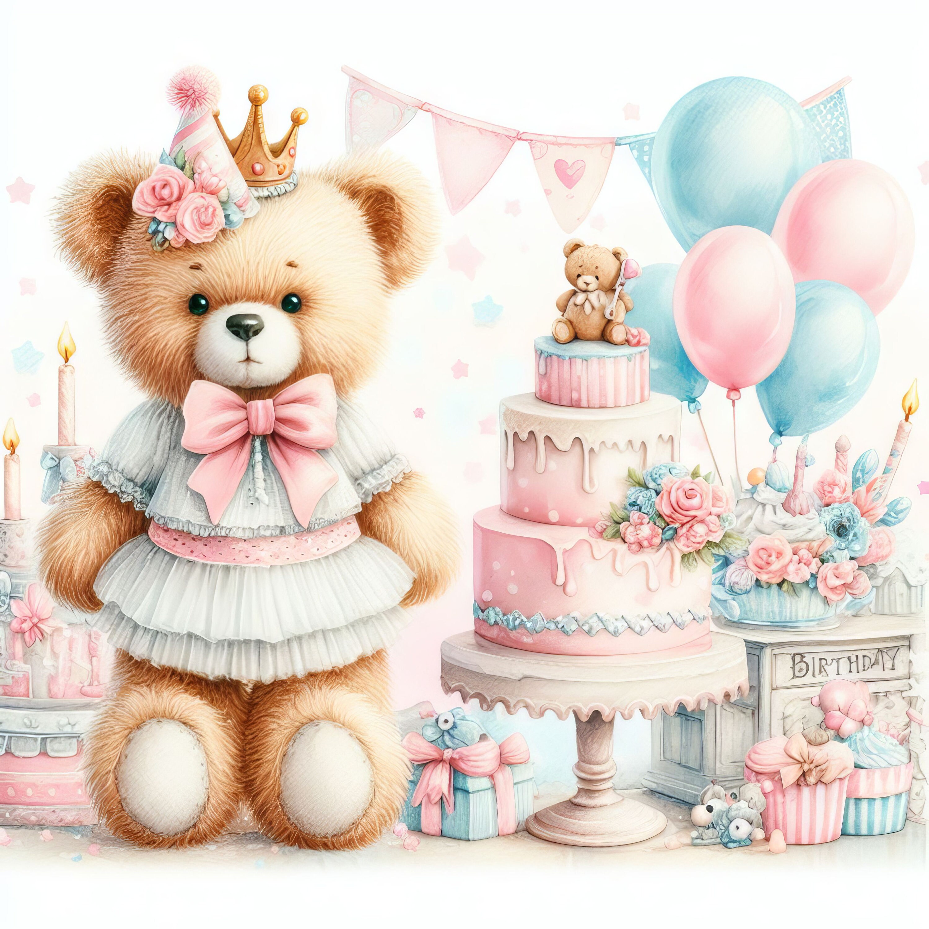 Teddy Bear Birthday Clip Art Bundle 10 High Res Watercolor Jpgs for ...