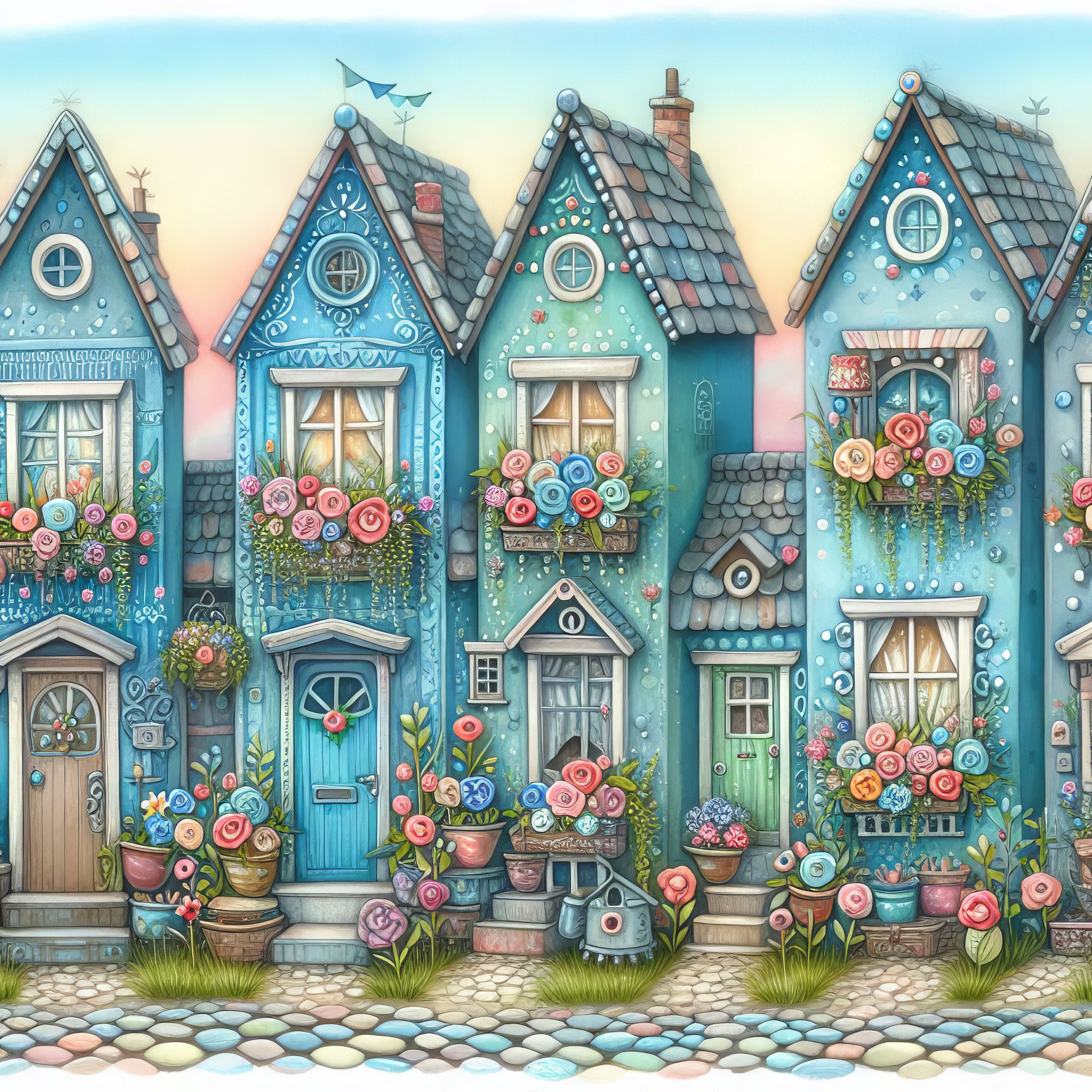 Blue Tall Houses: Clip Art, 10 High Res Watercolor Jpgs, Junk ...