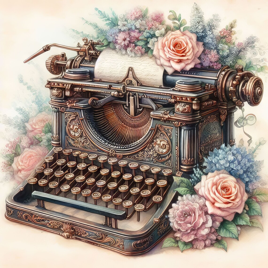 Victorian Typewriter: Clip Art, 10 High Res Watercolor Jpgs, Junk ...