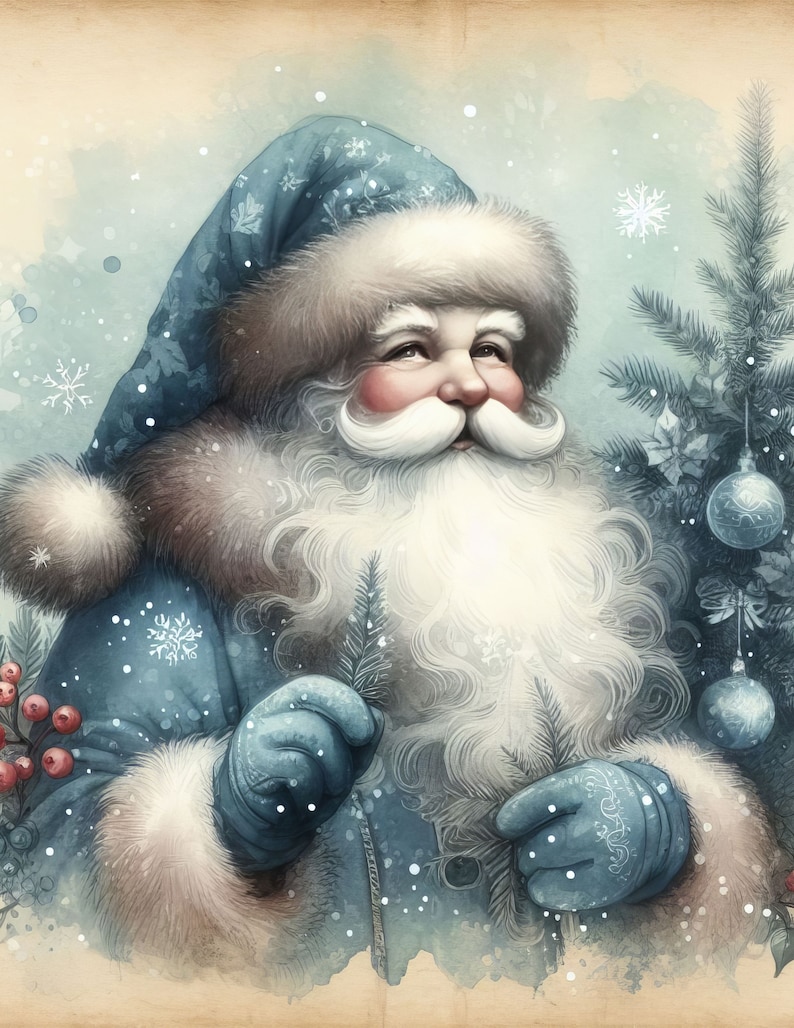 Vintage Blue Santa: Clip Art, 10 High Res Watercolor Jpgs, Junk ...
