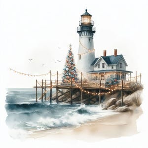 Christmas Lighthouse: Clip Art 10 High Res Watercolor Jpgs Junk ...