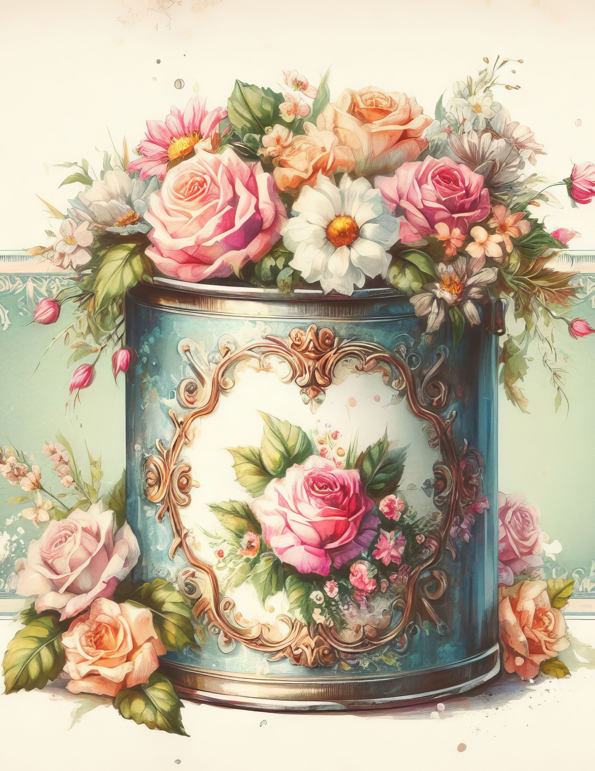 Shabby Chic Can With Flowers Clipart Bundle 10 High Res Watercolor Jpgs ...