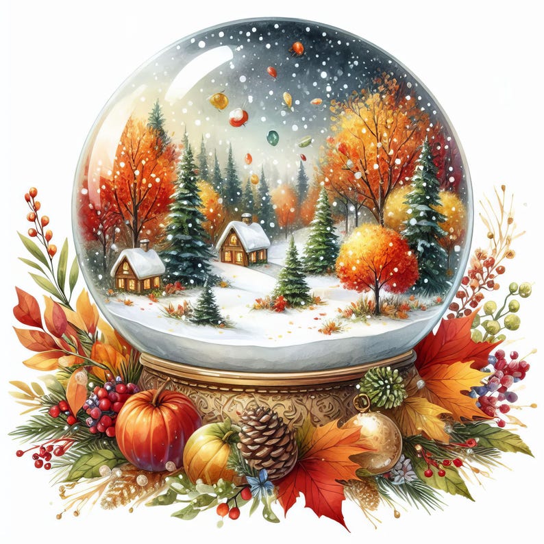 Fall Snow Globe: 10 High Res Watercolor Jpgs for Junk Journaling ...