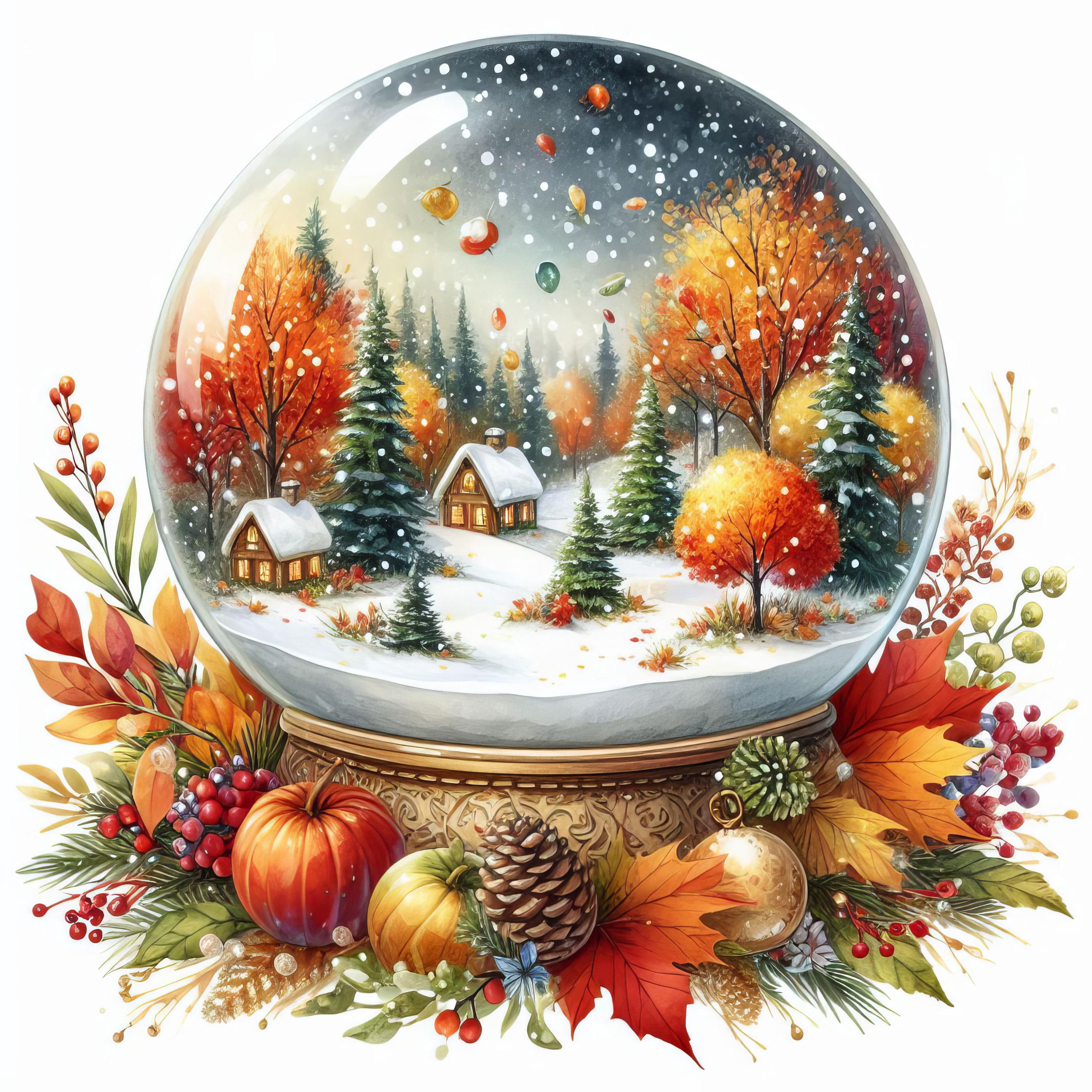 Fall Snow Globe: 10 High Res Watercolor Jpgs for Junk Journaling ...