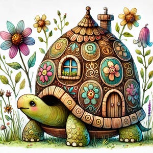 Whimsical Turtle House: 10 High Res Watercolor Jpgs, Junk Journaling ...