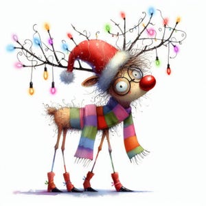 Quirky Christmas Reindeer: Clip Art 10 High Res Watercolor Jpgs Junk ...