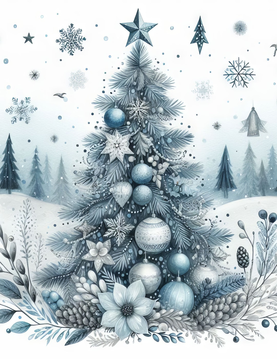 Nordic Blue Christmas Tree Clipart Bundle 10 High Res Watercolor Jpgs ...