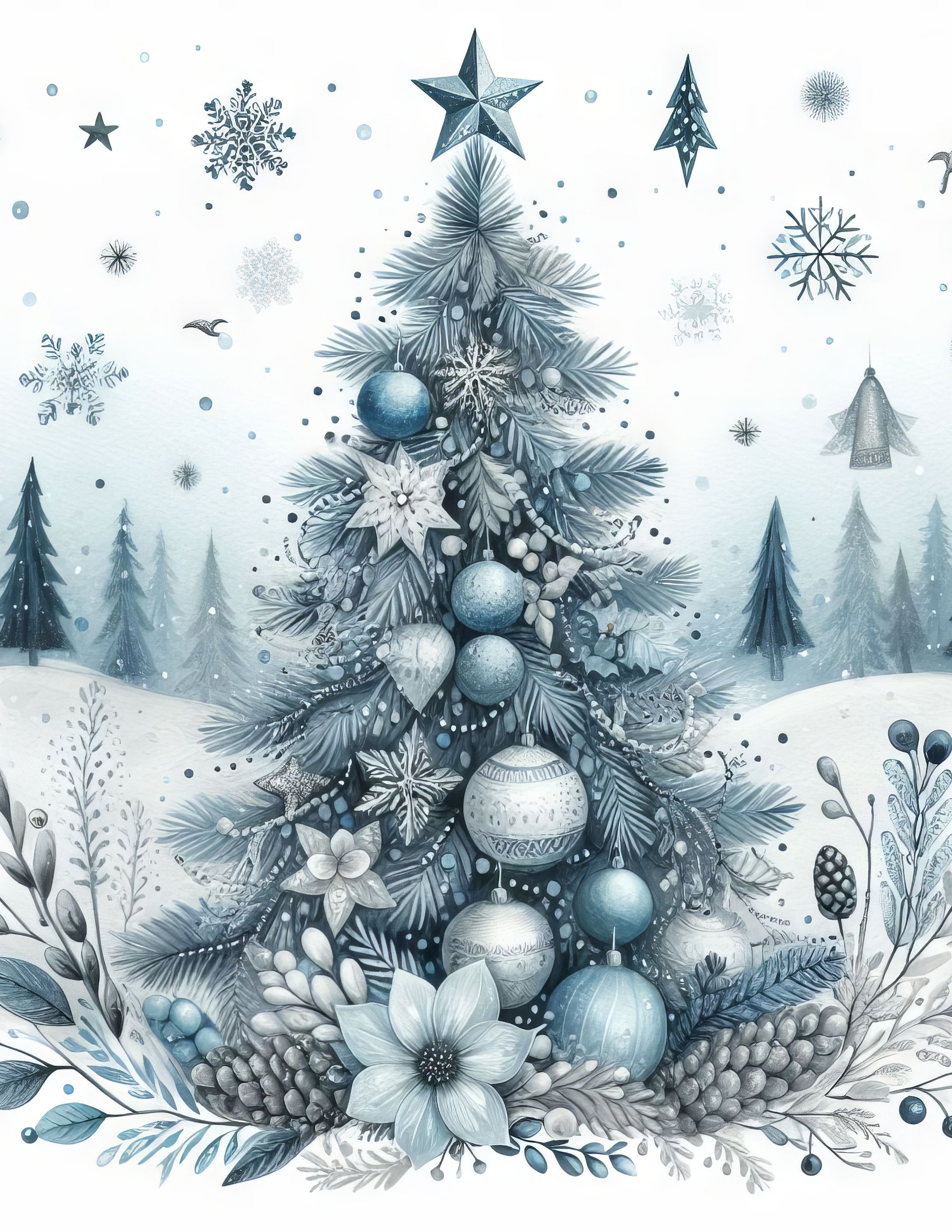 Nordic Blue Christmas Tree Clipart Bundle 10 High Res Watercolor Jpgs ...