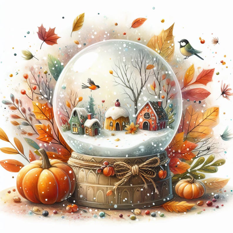 Fall Snow Globe: 10 High Res Watercolor Jpgs for Junk Journaling ...
