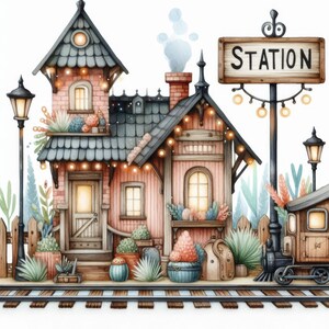 Railroad Station: Clip Art, 10 High Res Watercolor Jpgs, Junk ...