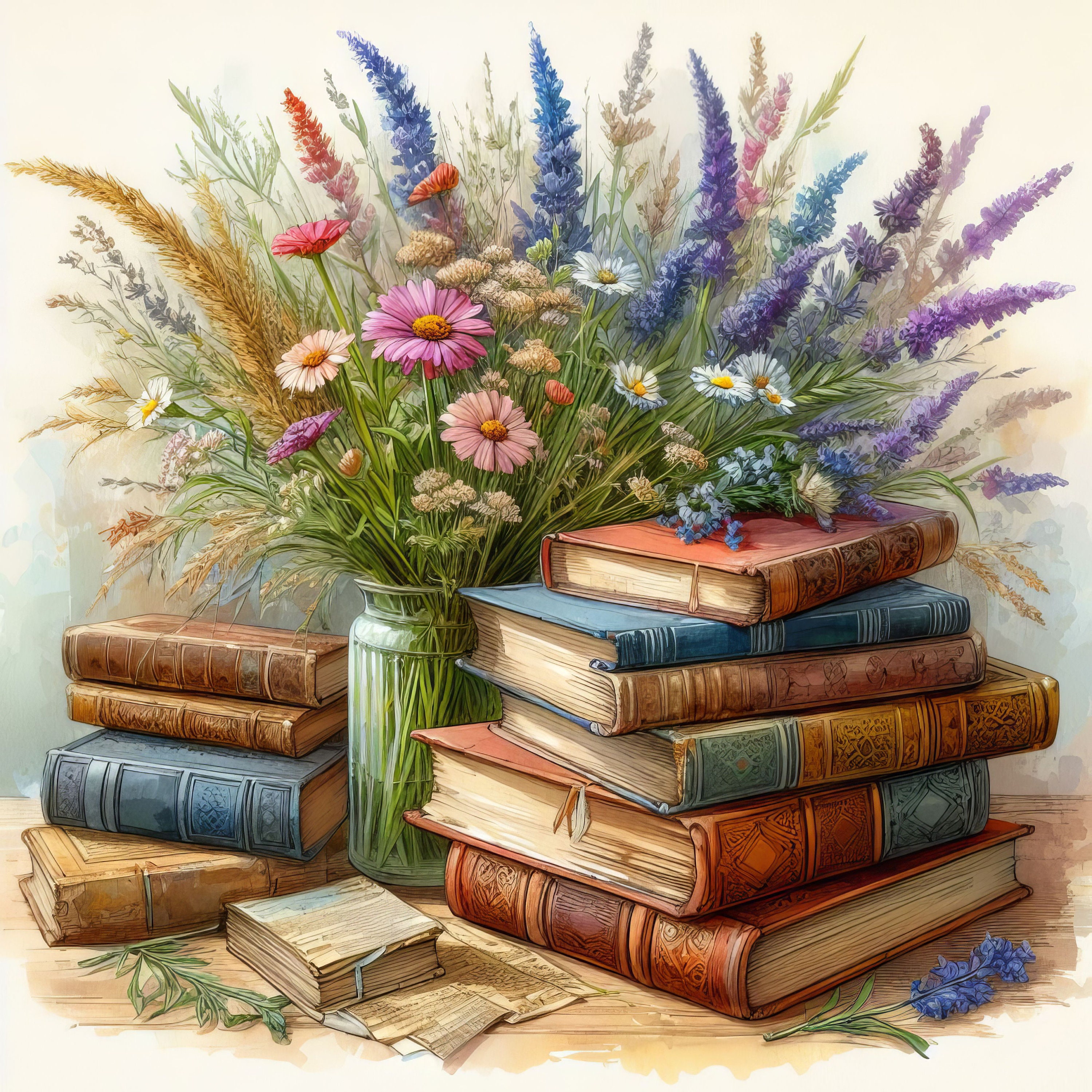 Books and Wildflowers: Clip Art Kit 10 High Res Watercolor Jpgs for ...