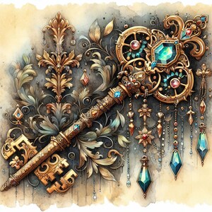 Gothic Jeweled Key Clip Art 10 High Res Watercolor Jpgs for Junk ...