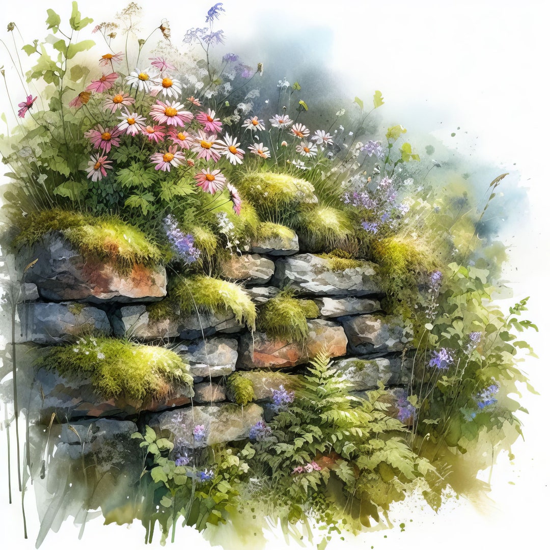 Mossy Stone Wall Clip Art Kit 10 High Res Watercolor Jpgs for Junk ...