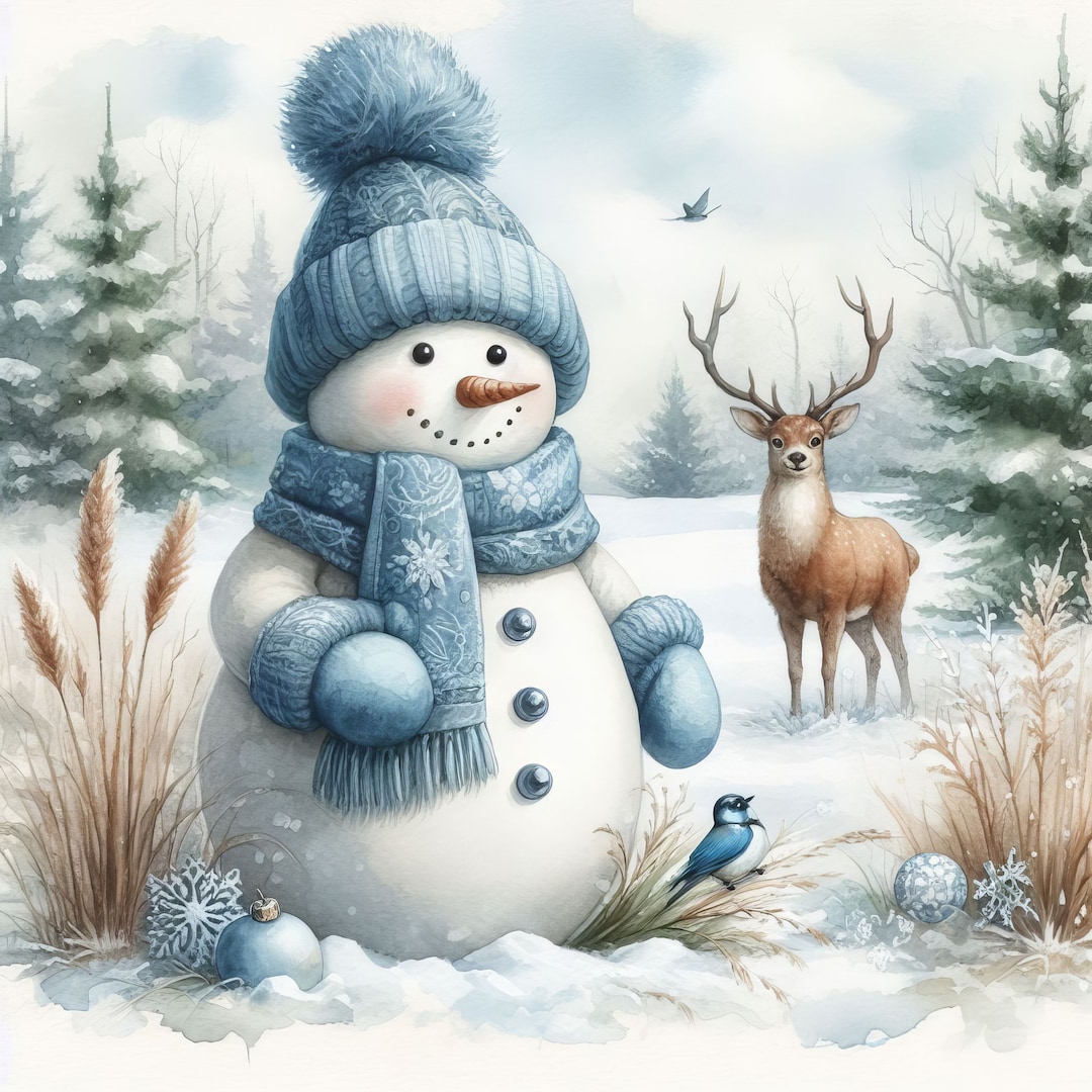 Snowman in Blue With Deer: Clipart, 10 High Res Watercolor Jpgs, Junk ...