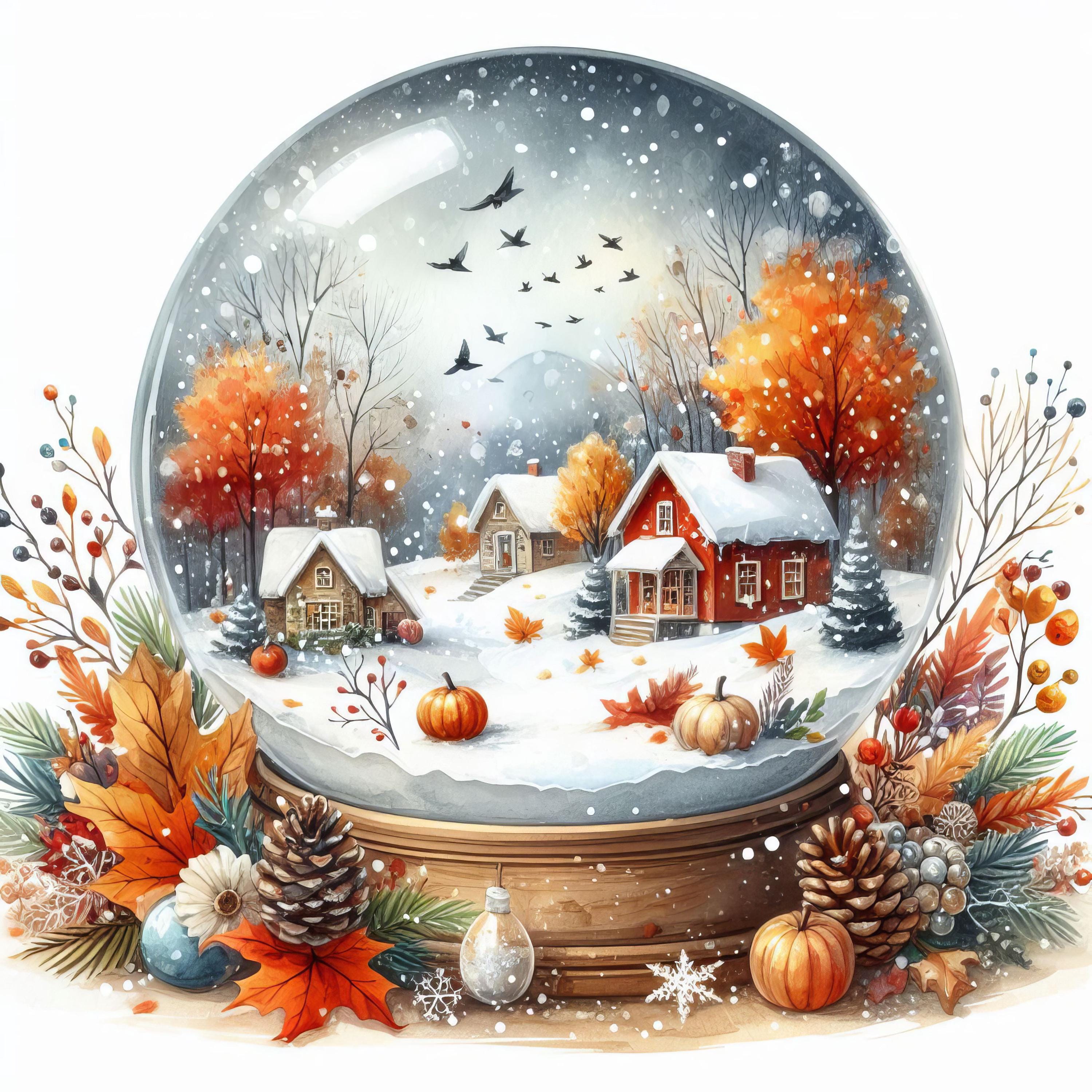 Fall Snow Globe: 10 High Res Watercolor Jpgs for Junk Journaling ...