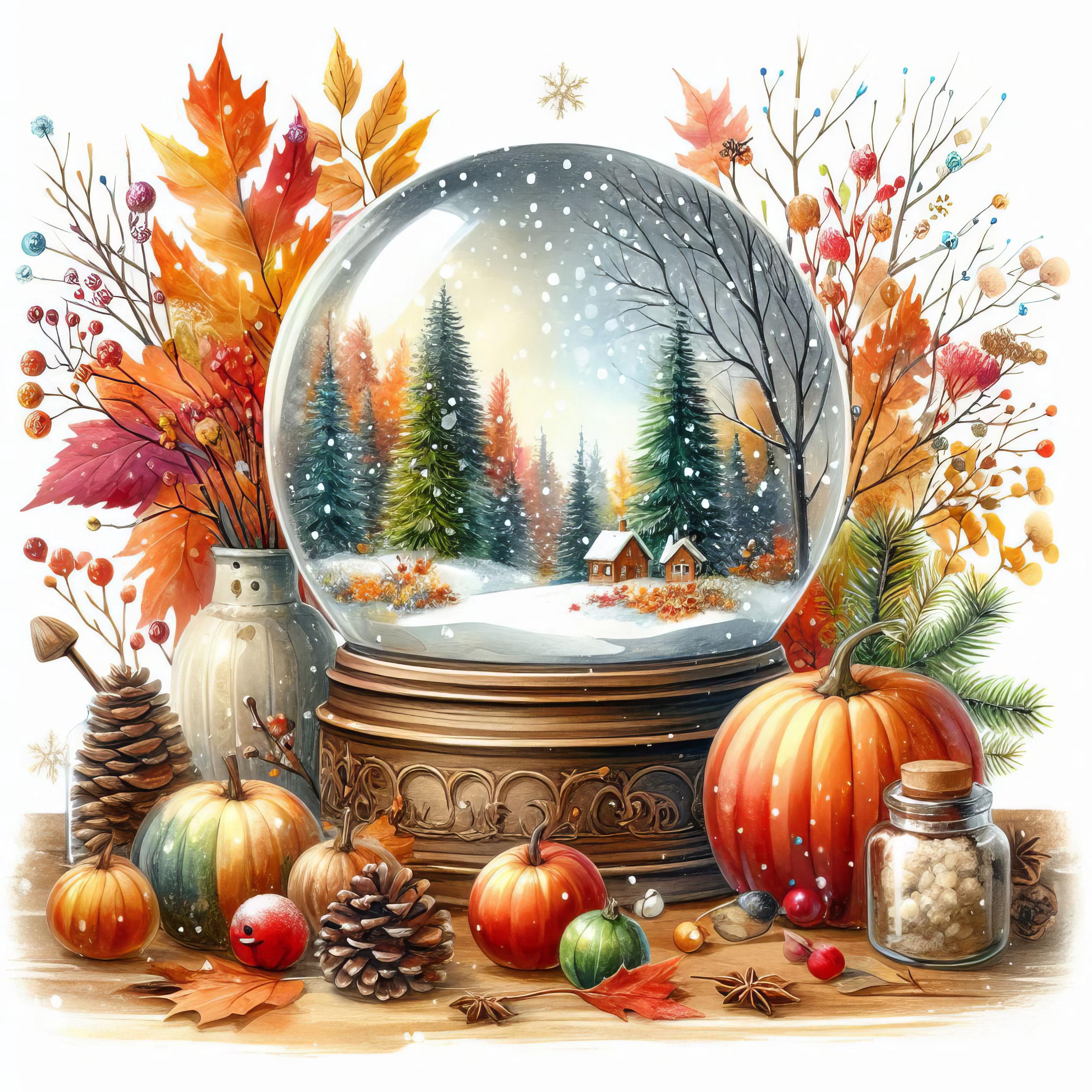 Fall Snow Globe: 10 High Res Watercolor Jpgs for Junk Journaling ...