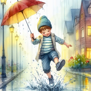 Little Boy Jumping in Puddles Clip Art Kit 10 High Res Watercolor Jpgs ...