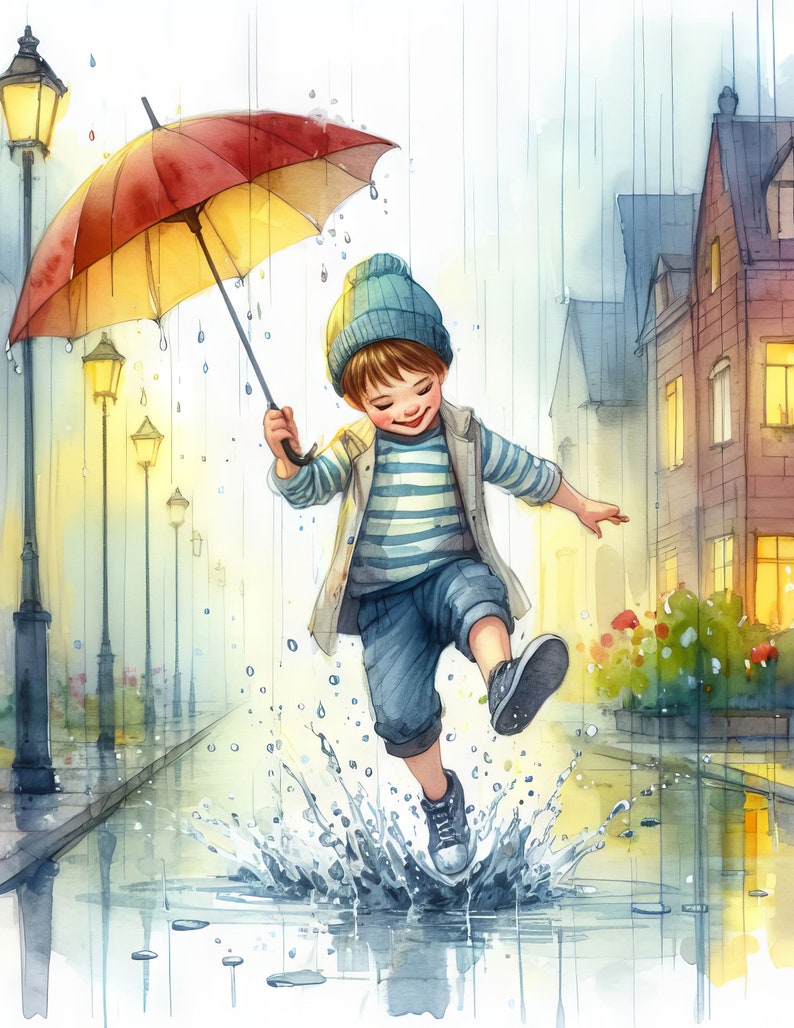 Little Boy Jumping in Puddles: Clip Art, 10 High Res Watercolor Jpgs ...