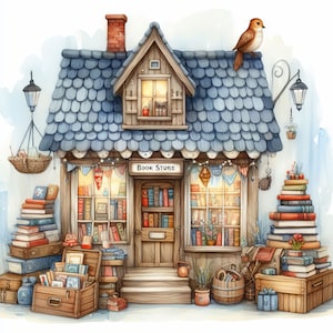 Whimsical Book Store Clip Art 10 High Res Watercolor Jpgs Junk ...